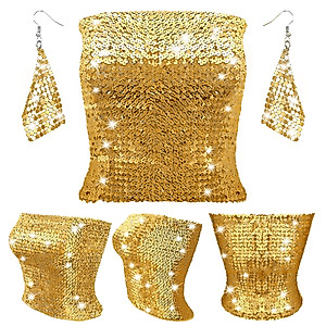 Women's Sparkly Sequin Crop Tops Strapless Metallic Tube Tops with Metal Mesh Drop Dangle Earrings for Party Clubwear (Gold)