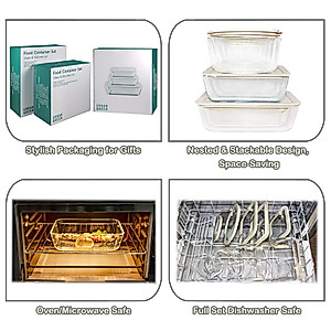 Urban Green Glass Food Container Set with Glass Lid, 3 Pack, Glass Containers with Silicone Framed Glass Lid, Airtight, LeakProof, 100% Plastic Free, Glass Meal Prep Containers (White Color)