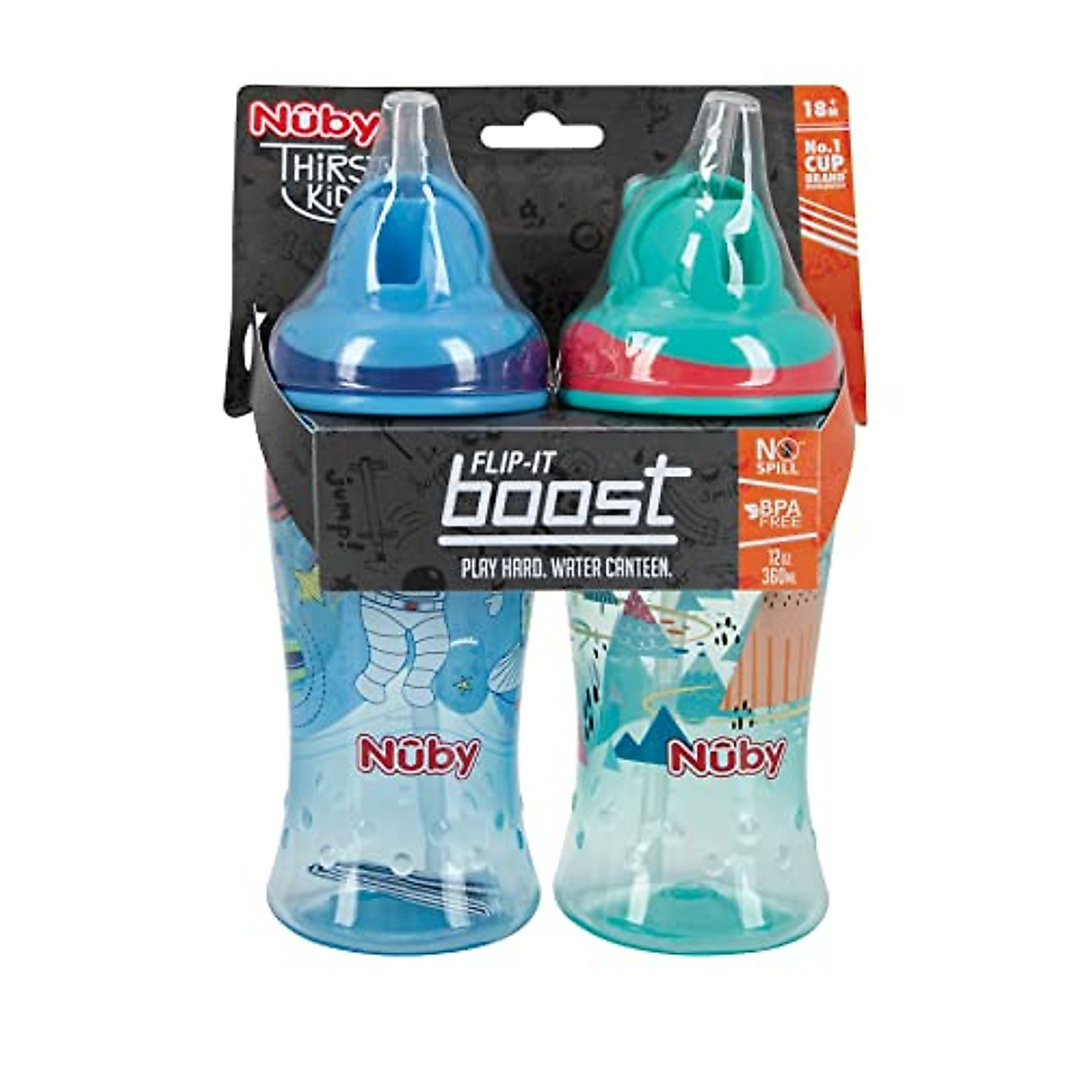 Nuby 2pkThirsty Kids No-Spill Flip-it Printed Boost Cup with Thin Soft Straw - 12oz, 18+ Months, 2pack Print May Vary