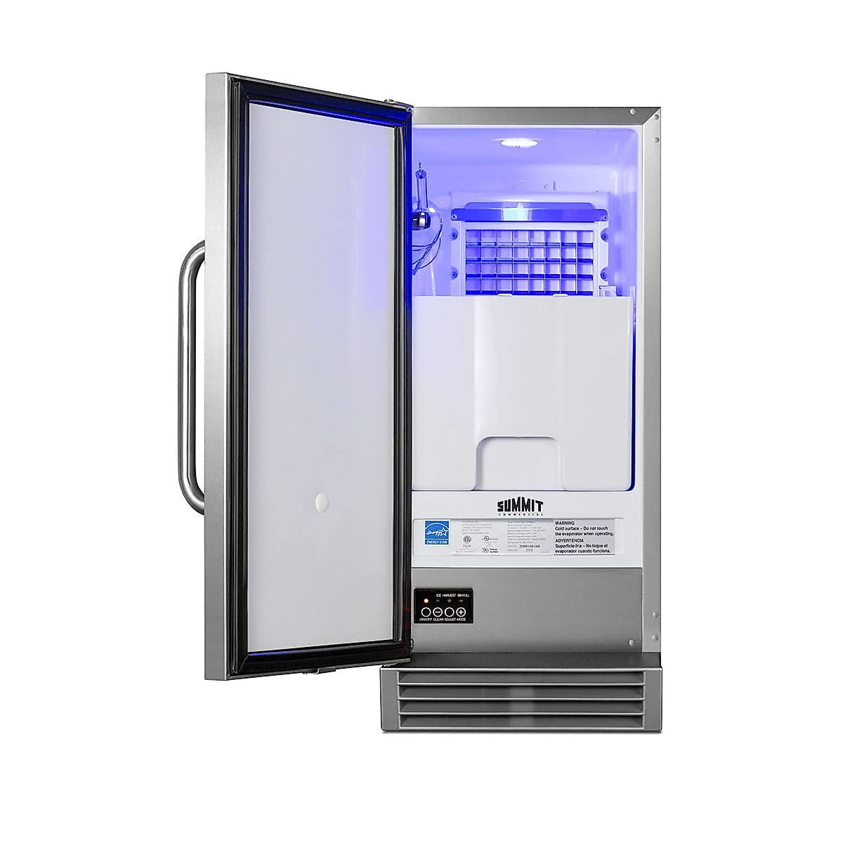 Summit Appliance BIM44GCSS Built-in Icemaker, 50 lb Production Capacity, Built-in Pump, Automatic Defrost, Touch Control Panel, Insulated Storage Bin, Leveling Legs, Interior Light