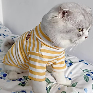 Cute Doggie Embroidery Dog Shirts Pet Cotton Striped T-Shirt Breathable Stretchy Dog Sweater Turtleneck Knitted Puppy Pullover for Cats Small Dogs (Small, Yellow Striped)