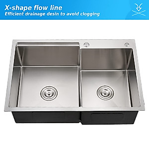 33 Inch Drop in Kitchen Sink Double Bowl Splash Guard Workstation - 33 Inch Topmount Stainless Steel Kitchen Sink 16 Gauge Stainless Steel 10'' Deep Handmade Kitchen Sink with Cutting Board& Strainer