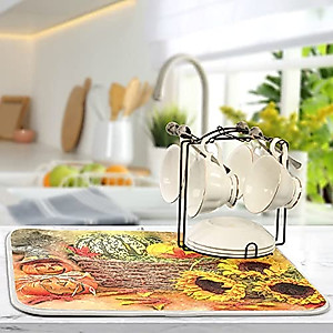 Absorbent Dish Drying Mat for Kitchen Counter - Pumpkin Sunflower Autumn Microfiber Drying Pad, Reversible Drainer Mats for Countertop, Small 16" x 18" inch