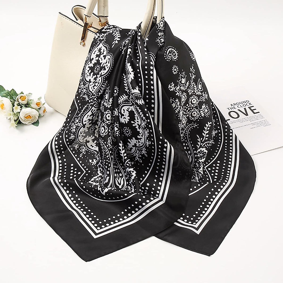 VANLINKER Vintage Bandanas Square Multi-Purpose Scarfs for Men Women Silk Like Scarf Neckerchief Protective Coverage VL9549 Black