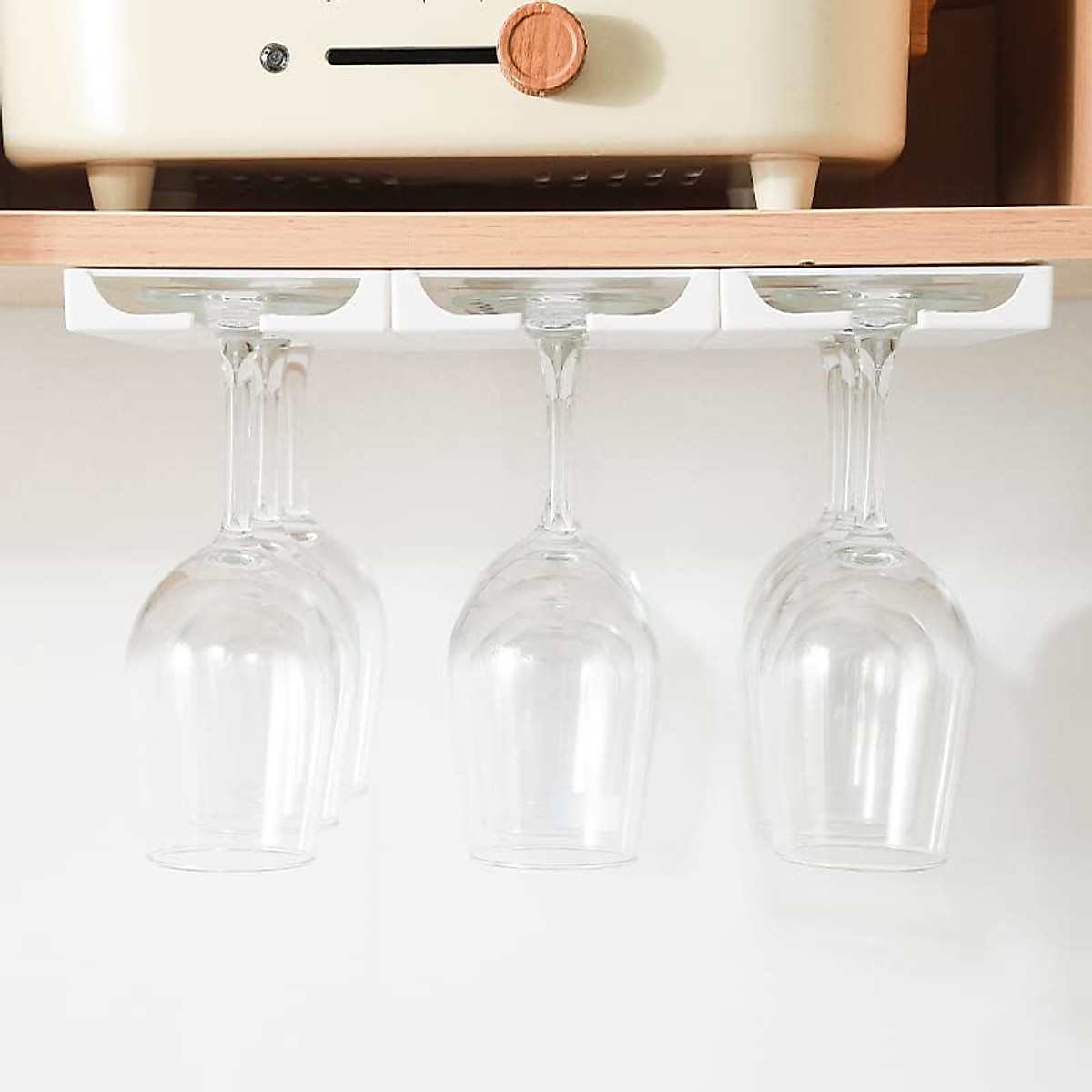 AQJUNONG 2 Pack Wine Glass Rack - Punch-free Under Cabinet Stemware Wine Glass Holder Glasses Storage Hanger plastic Organizer for Bar Punch-free self-adhesive（White）