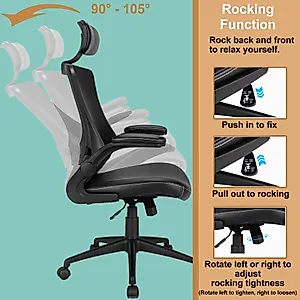 POWERSTONE Ergonomic Office Chair with Thickened Leather Seat, Mesh Desk Chair with Adjustable Headrest Lumbar Support and Flip-up Armrests for Home, Office, Study