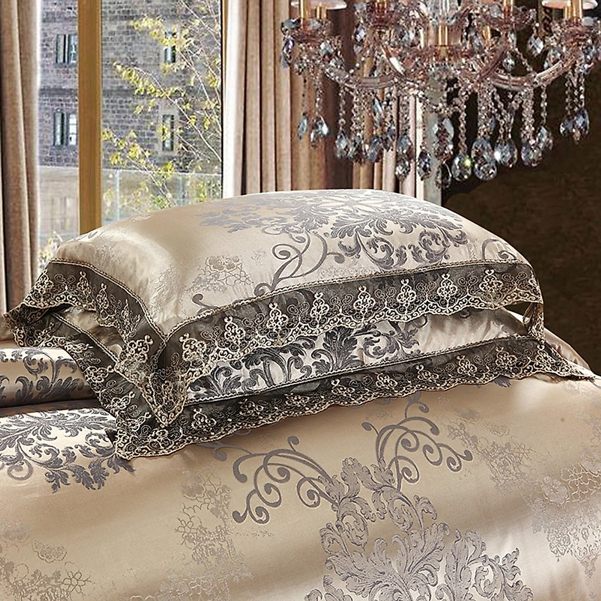 Teinopalpus Satin Embroidery Duvet Cover Set Full/Queen Size Cotton Sateen Luxury European Neoclassical Style Jacquard Lace Comforter Cover and 2 Pillowcases,3 Piece