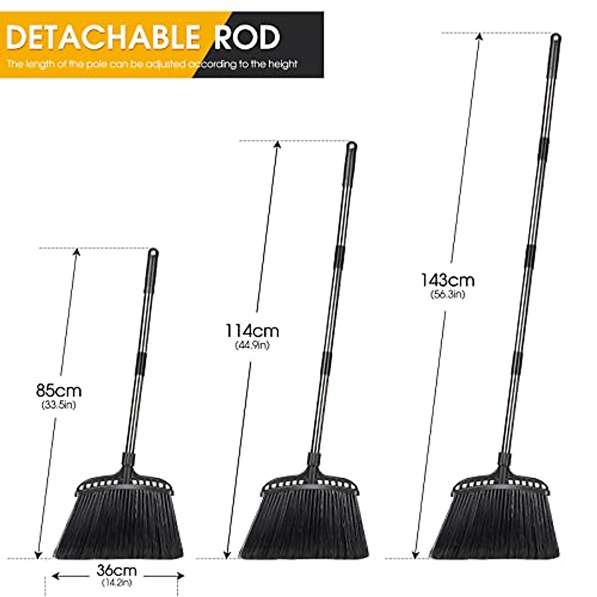 Kphico Heavy Duty Broom,Outdoor/Indoor Commercial Broom,Household Angle Broom with 56" Extendable Long Handle,Perfect for Courtyard Garage Lobby Mall Home Kitchen Room Office Floor Cleaning-Black
