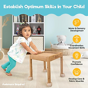 Little Balance Box, 2-in-1 No Wheels Spring Feet, Wooden Walker, Child Girl Boy Push Pull Walker Stand Toy, Activity Table, Award Winning (Coral + Removable Yellow Booties)