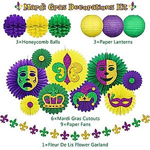 Mardi Gras Paper Fan Decoration Kit Fleur De Lis Flower Garland Green Gold Purple Glittery Cutouts Paper Honeycomb Balls Lanterns Backdrop for Mardi Gras Theme Birthday Masquerade Party Supplies New Orleans Carnival Favors