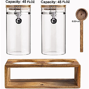 Yangbaga Glass Sugar Coffee Containers with Shelf, 2 x 45OZ Coffee Bean Canister Storage Station Organizer with Airtight Locking Clamp and Log Coffee Scoop, Large Capacity Food Storage Jar for Kitchen