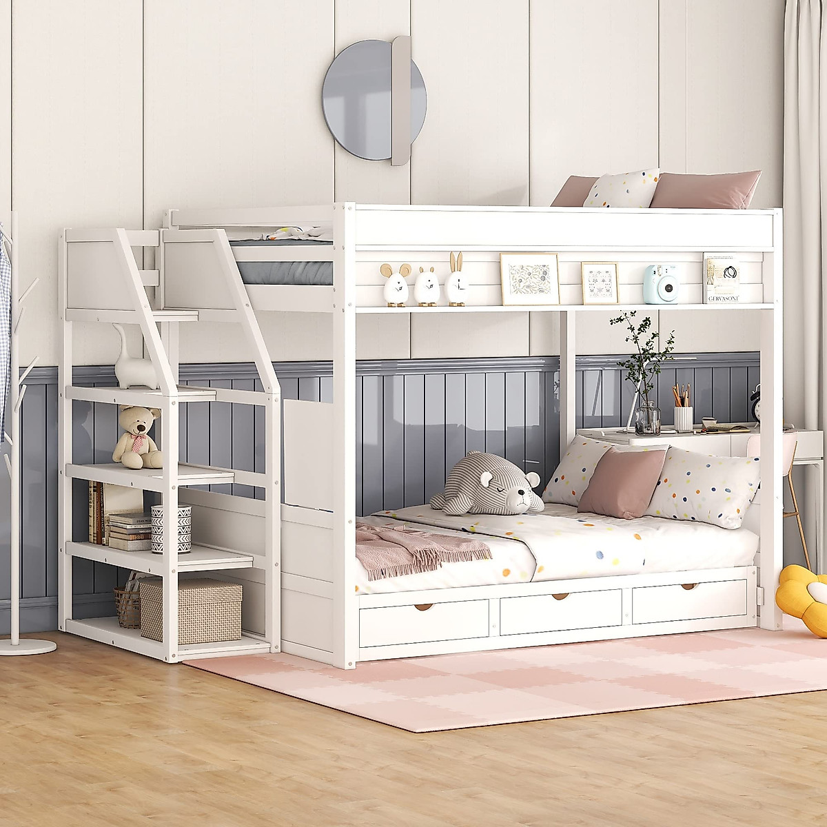 Harper & Bright Designs Full Over Full/Futon Bunk Beds with Stairs and 3 Drawers, Built-in Shelf, Bottom Bed can be Converted into Daybed, Solid Wood Bunk Bed Frame (White)