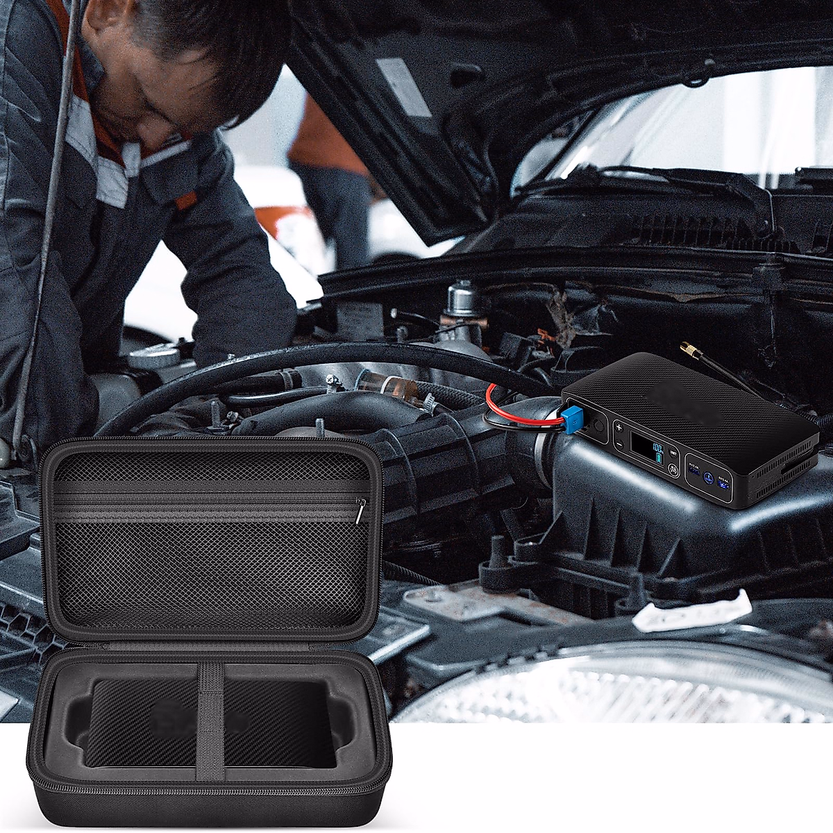 Case for Halo Bolt 58830/57720/ Air 58830/ ACDC Max 55500 mWh/ Air + Portable Emergency Power Kit, Storage Holder for Air Nozzles, Extra Accessory, Car Jump Starter, and Charger- Black (Box Only)