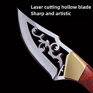 SZHOWORLD Ultra Small Fixed Blade Knife, 1.57 inch 5Cr15 Steel Laser Cutting Hollow Blade with Brass+Colored Wood Handle, Mini Knife/Box Cutter with Leather Sheath for EDC Use (Red brown)