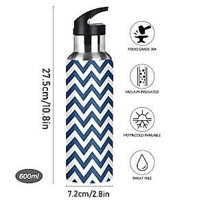 xigua Sports Water Bottle 20 Oz, Navy Blue White Chevron Pattern Leak-proof Stainless Steel Vacuum Flask with Straw Hat and Straw for Student Fitness Outdoor