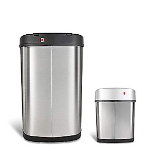 NINESTARS CB-DZT-50-13/12-9 Automatic Touchless Infrared Motion Sensor Trash Can Combo Set, 13 Gal 50L & 3 Gal 12L, Stainless Steel Base (Oval, Silver/Black Lid)