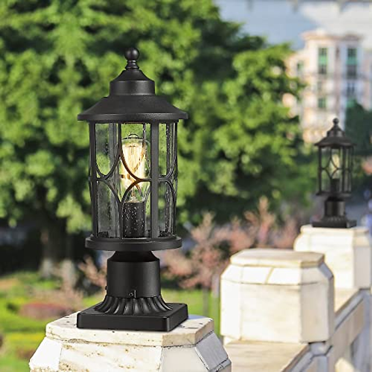 zeyu Outdoor Post Lights Set of 2, Farmhouse Waterproof Lamp Post Light Fixtures for Patio 2 Pack, Black Finish with Seeded Glass Shade, ZX48P-2PK BK