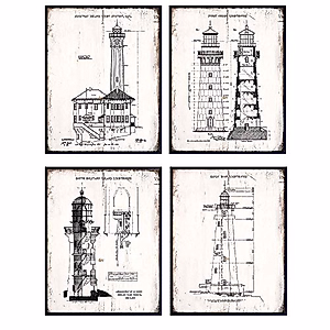 Historic Lighthouse Patent Print Wall Art - 8x10 Vintage Photograph Set for Beach Home, Living Room, Bedroom Decor - Unique Gift for Ocean, Sea Nautical Fans - Rustic Retro Shabby Chic Poster Photo