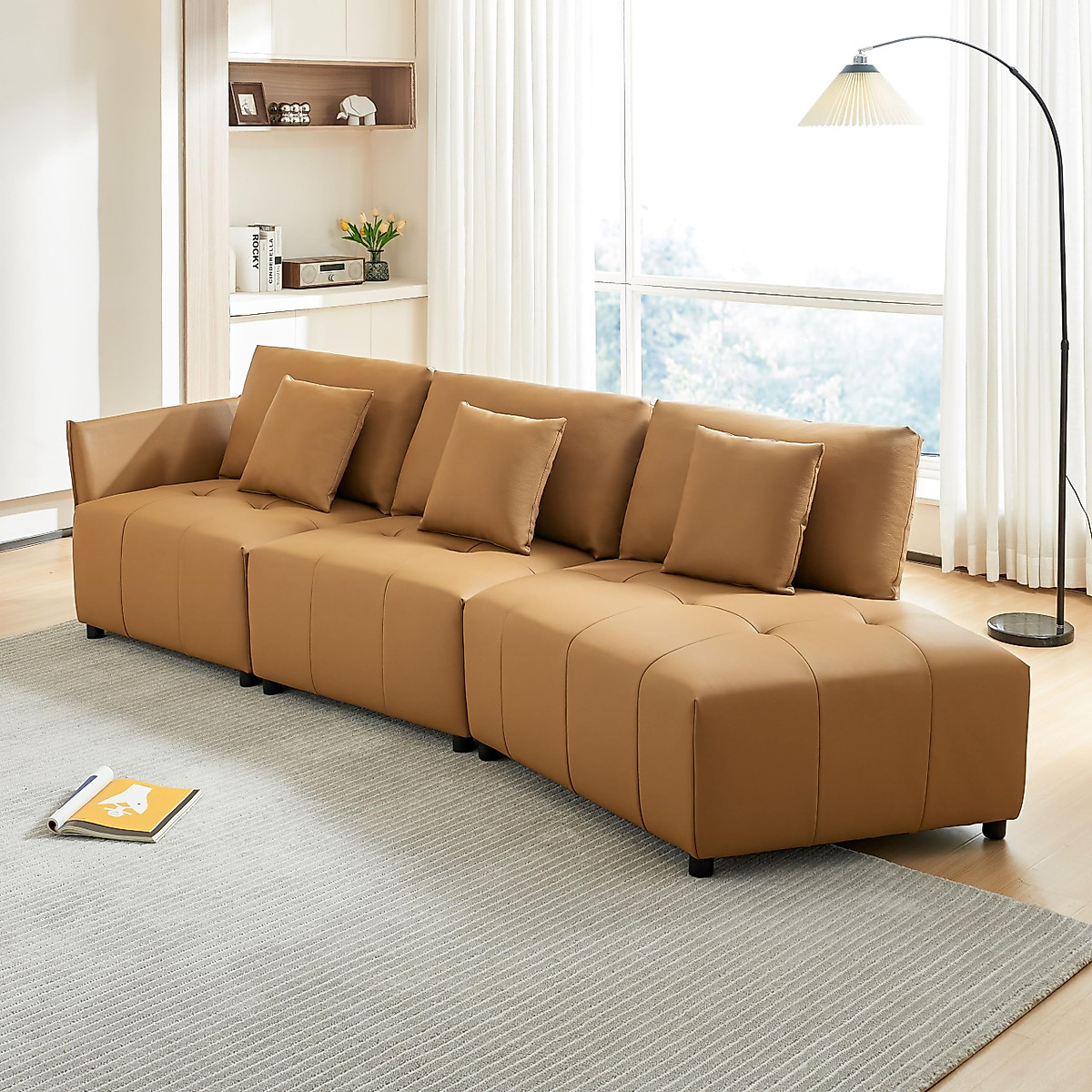 Modern Living Room Curved Sofa, Real Leather Modular Sectional Sofa, Chaise Lounge Couch, 3-Seater Corner Couch, 120'' Sofa Couch with 3 Pillows, Apartment, Home Furniture, Office, Brown Couch