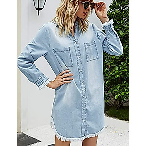 Zilcremo Women Denim Shirt Dresses Long Sleeve Distressed Jean Dress Button Down Casual Tunic Top Lightblue S