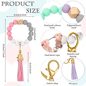 Otuuz 4 Pcs Women Macaron Color Key Ring Bracelets Wristlet Bead Keychain Leather Tassel Keychain Elastic Beaded Bracelet Portable Wristlet Bangle Keychain for Car Key Holder