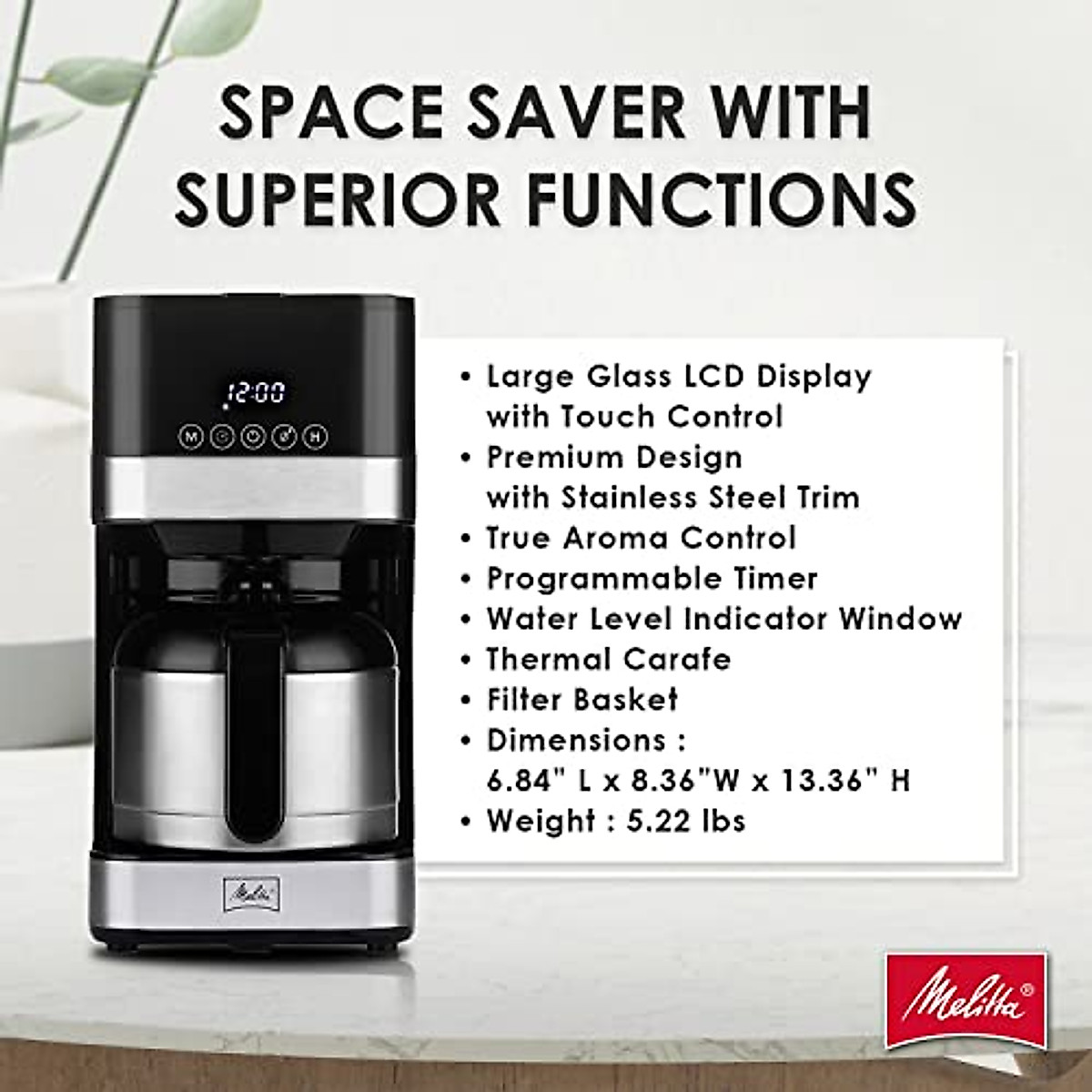 Melitta Aroma Tocco Thermal Drip Coffee Maker | Programmable Coffee Machine | 8 Cup Coffee Maker with Thermal Carafe | Glass Touch Control Panel | Coffee Maker