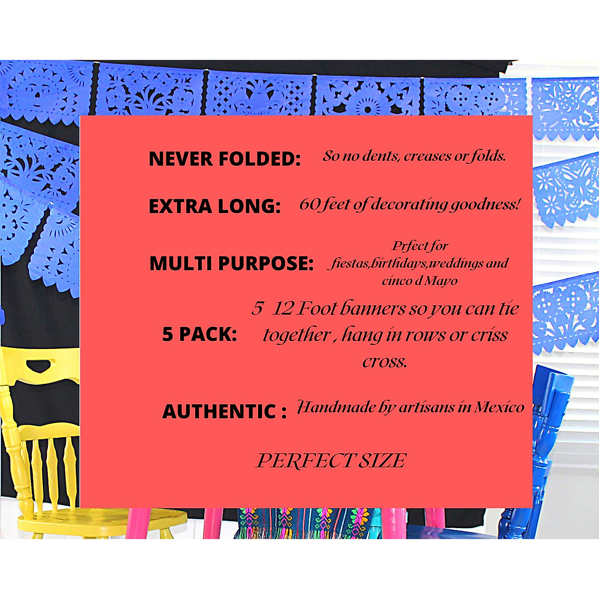 5 pk Fiesta Party Supplies, Royal Blue Mexican Banner Flags, 50 Panels of Papel Picado, 60ft Tissue Paper Garland Perfect for birthdays, weddings, quinceaneras, taco bar ws2030