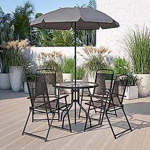 EMMA + OLIVER 6 Piece Black Patio Garden Set with Umbrella Table and Set of 4 Folding Chairs