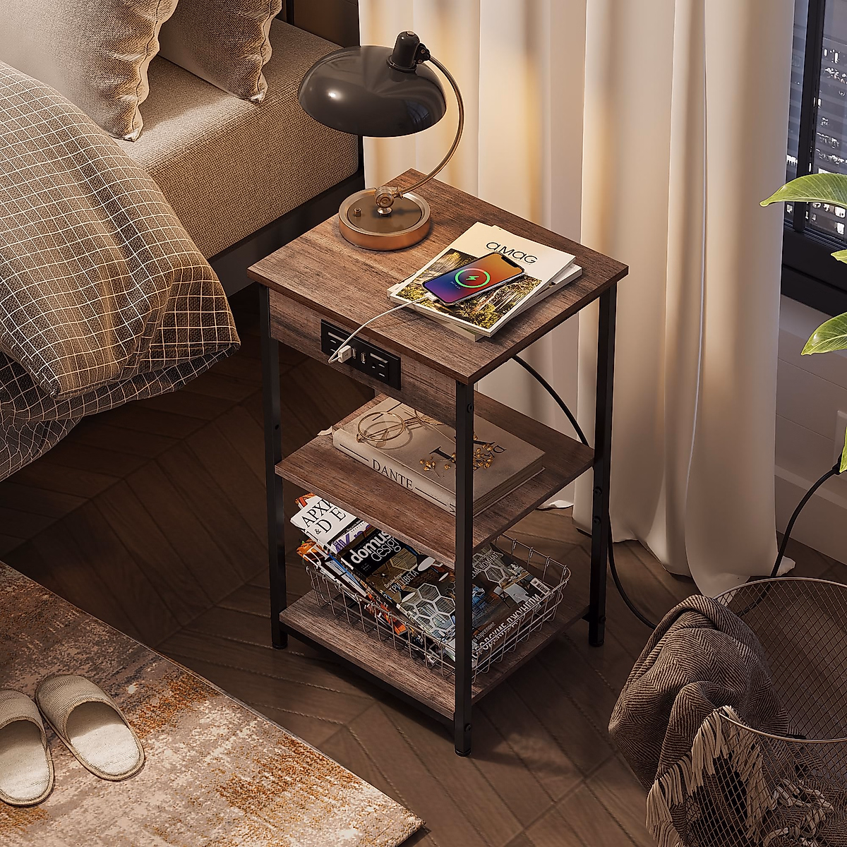 WLIVE Side Table with Charging Station and USB Ports, Small End Tables for Small Spaces, 3-Tier Nightstand with Adjustable Shelf, Bedside Tables, Living Room, Bedroom, Brown