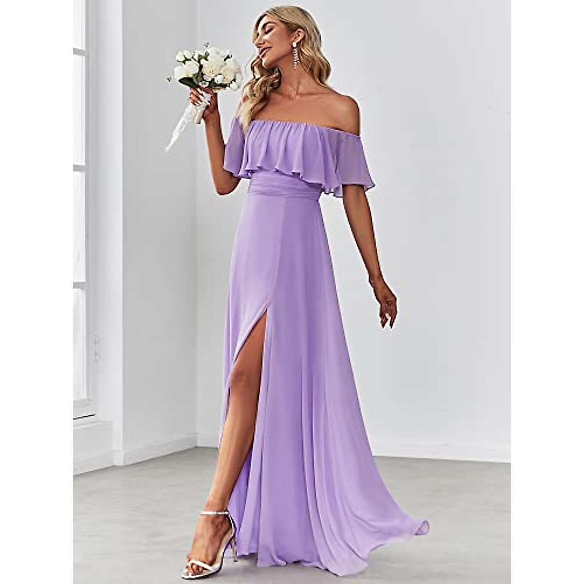 Ever-Pretty Womens Off-Shoulder Long A-line Side Slit Formal Prom Dresses with Sleeves Lavender US12