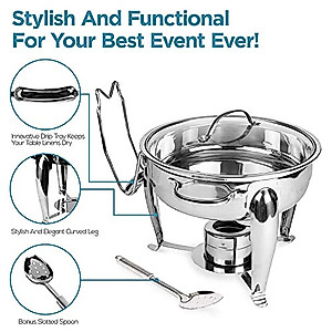 4 Quart Round Stainless Steel Chafing Dish with Bonus Slotted Spoon and Drip Tray for Lid