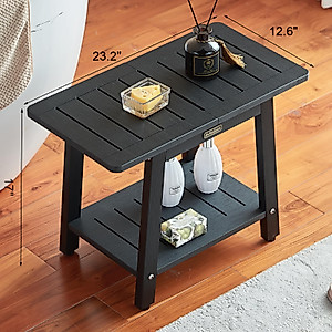 HDPS Shower Bench Seat for for Inside Shower, Waterproof Shower Stool, Heavy Duty Bathroom Poly Shower Chair Seat for Shaving Legs, 2 Tier Black Shower Foot Rest Stool with Adjustable Feet, Non-Slip