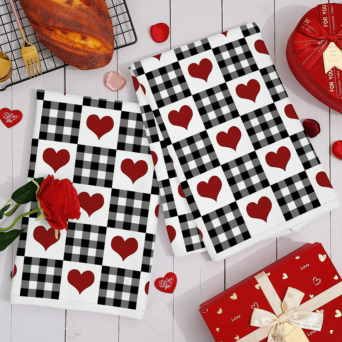 AnyDesign Valentine's Day Kitchen Towel 18 x 28 Buffalo Plaids Love Heart Dish Towel Romantic Sweet Hand Drying Towel Tea Towel for Wedding Anniversary Cooking Baking, Set of 2