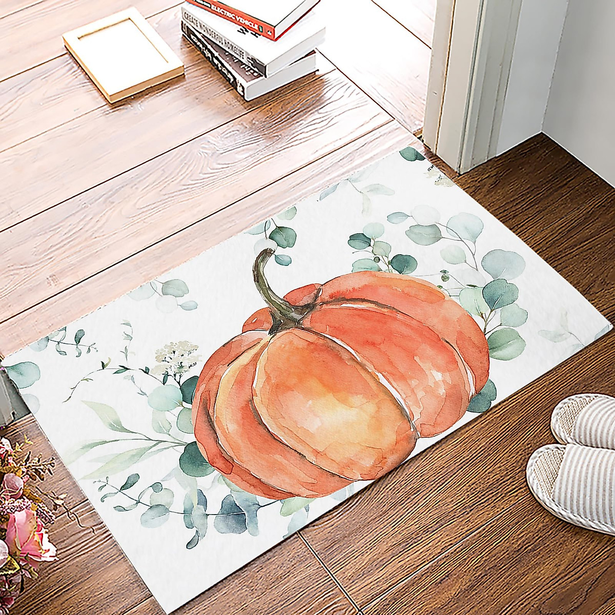 ALAGEO Fall Doormat Fall Pumpkin Door Mat Welcome Mats Entrance Floor Mat Green Eucalyptus Leaves Fall Seasonal Harvest Thanksgiving Floor Mat Outdoor Indoor Runner Rugs Non-Slip Floor Mat 20"x32"