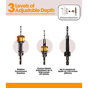 Adjustable Depth Countersink Drill Bit, Self-Adjusting Depth Control Without Wrench, Preventing Scratches Or Marks by Stopper Mounted Bearing, Tungsten Carbide Tipped Counterbore (1/8" x5/16(3x8mm))
