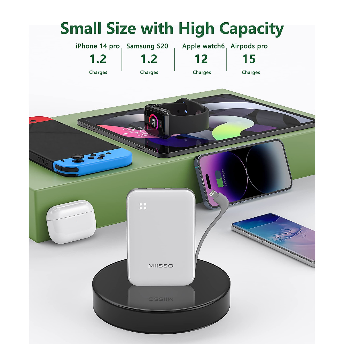 REDISONA Small Portable Charger 4500mAh Power Bank with Built-in Cable, Mini External Battery Pack Compatible with iPhone 14/14 Pro/14 Plus/14 Pro Max/13/12/11/X/8/7/6 Airpods, White