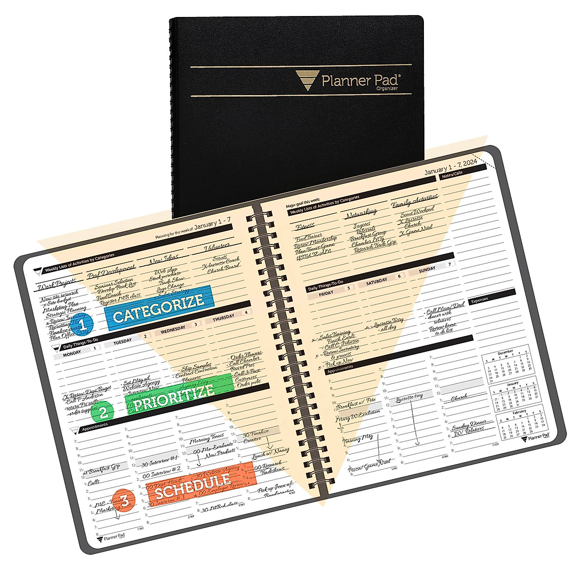 Planner Pad Spiral Bound 3-Tier Funnel Down 12 Month Organizer, Calendar Year (January - December 2024), Black Cover/Black Ink, 6 3/4" x 8 1/2"