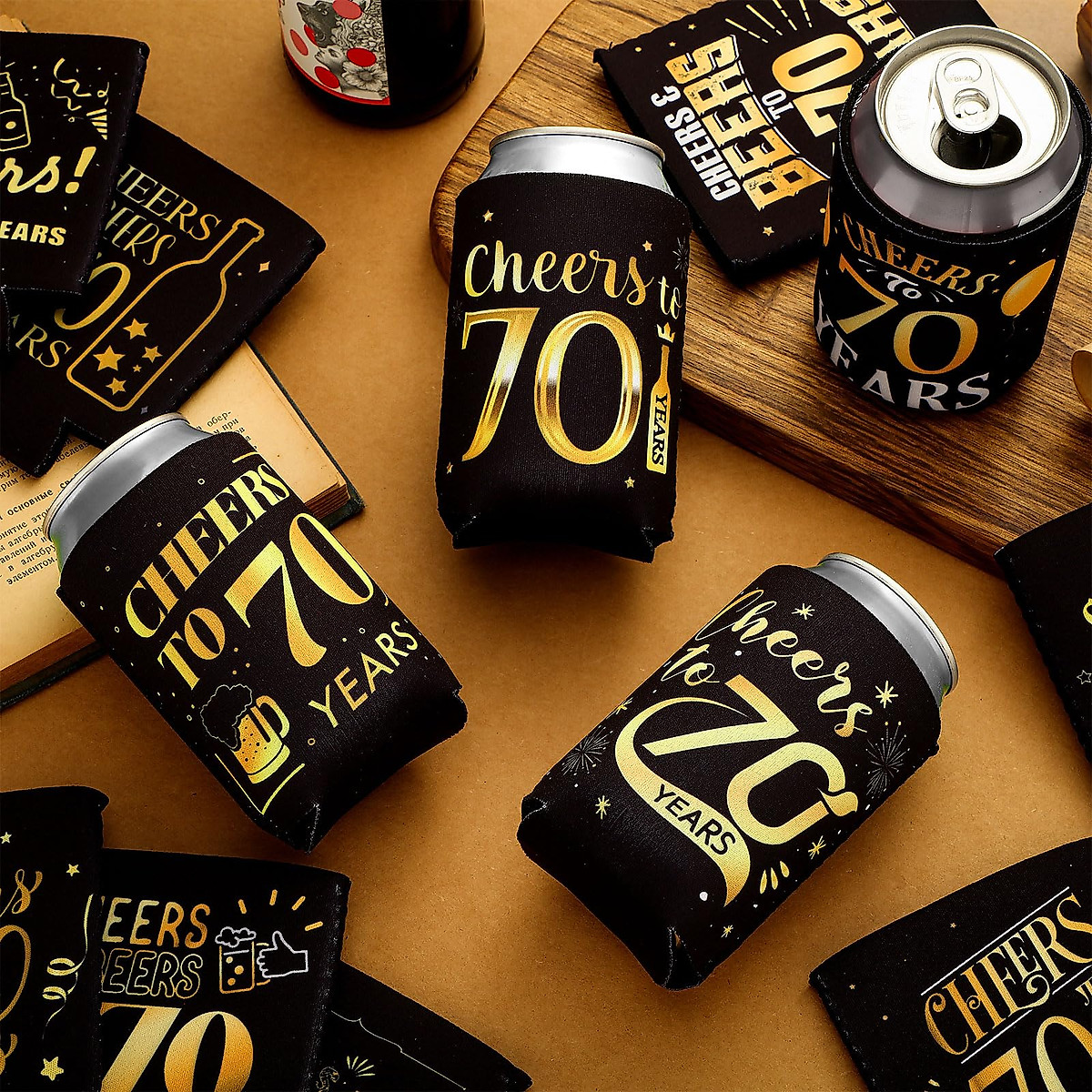 Umigy 24 Pcs 70th Birthday Can Sleeve to 70 Years Can Neoprene Cooler Birthday Decorations Party Favors Supplies Gift for Men Women