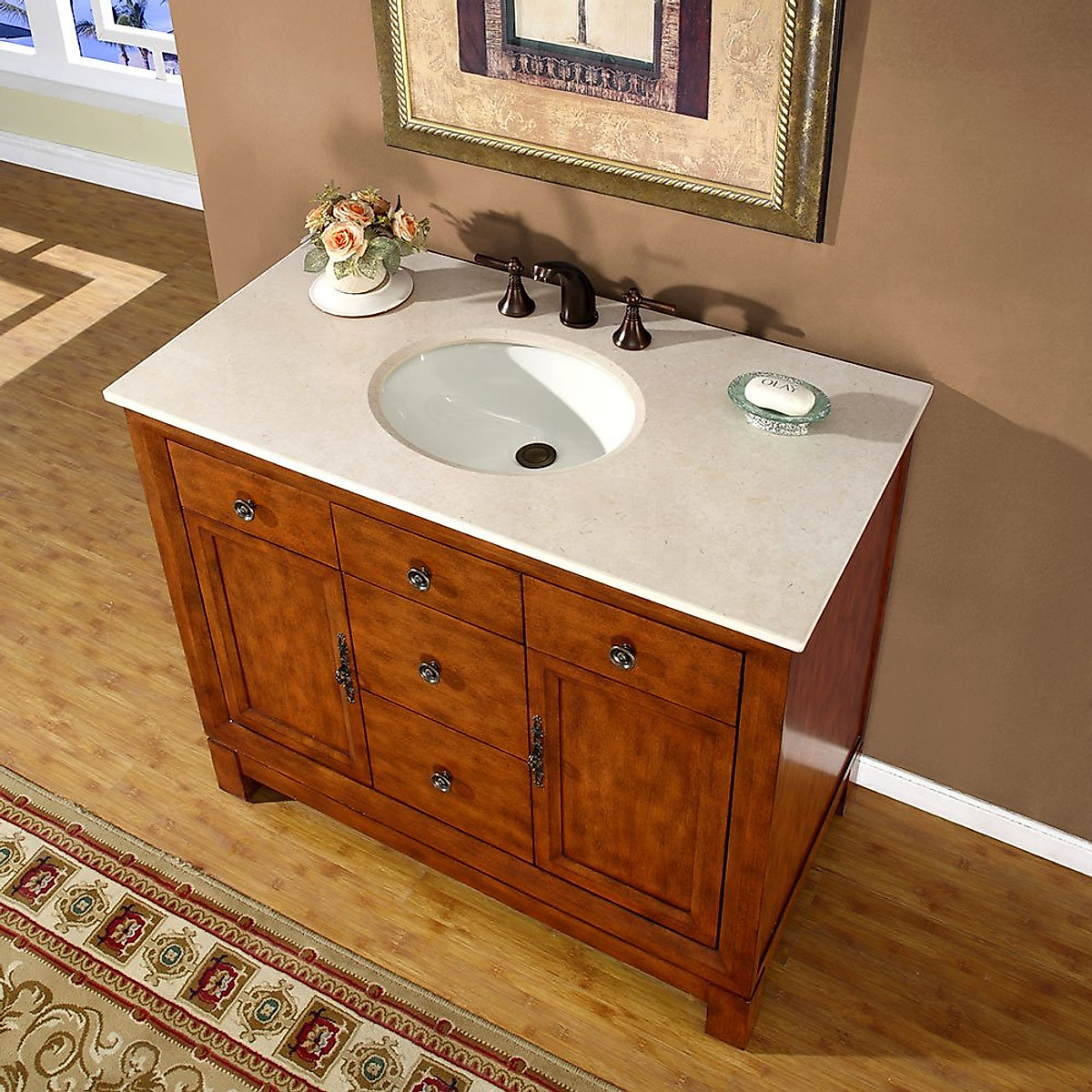 Silkroad Exclusive HYP-0911-CM-UWC-42 Countertop Cream Marble Stone Single Sink Bathroom Vanity with Bath Cabinet, 42", Medium Wood