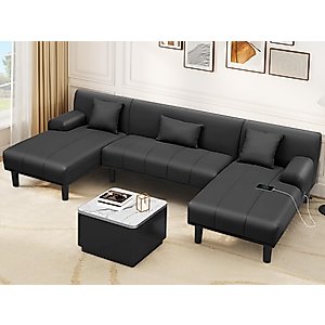 YITAHOME Sectional Couches for Living Room, U Shaped Sofa Faux Leather Modern Couch with USB & Type C Charging Ports Double Chaise and Comfy Upholstered, Black