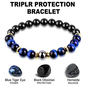 Triple Protection Good Luck Bracelet, Men Women Blue Tiger Eye Black Obsidian Hematite Wealth Prosperity Happiness Bracelet, Courage Calming Stress Anxiety Healing Crystal Stone Beaded Bracelet, Agate