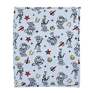 Disney Toy Story 4 Super Soft Blue, Yellow, Red Buzz Lightyear Woody Star Rocket Horse Shoe French Fiber Baby Blanket, Blue, Red, Yellow