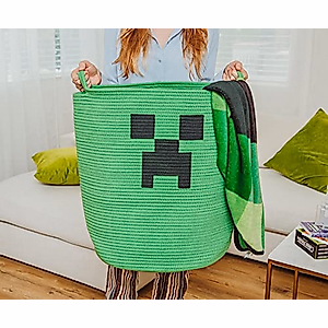 Minecraft Green Creeper Woven Cotton Rope Hamper Storage Basket For Laundry, Dirty Clothes Organizer