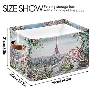 Paris Eiffel Tower Flower Paint Storage Bin Canvas Toys Storage Basket Bin Large Storage Cube Box Collapsible with Handles for Home Office Bedroom Closet Shelves,2 pcs