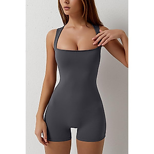 QINSEN Womens Strappy Square Neck Tank Tummy Control Stretch Short Jumpsuit Outfits Grey S