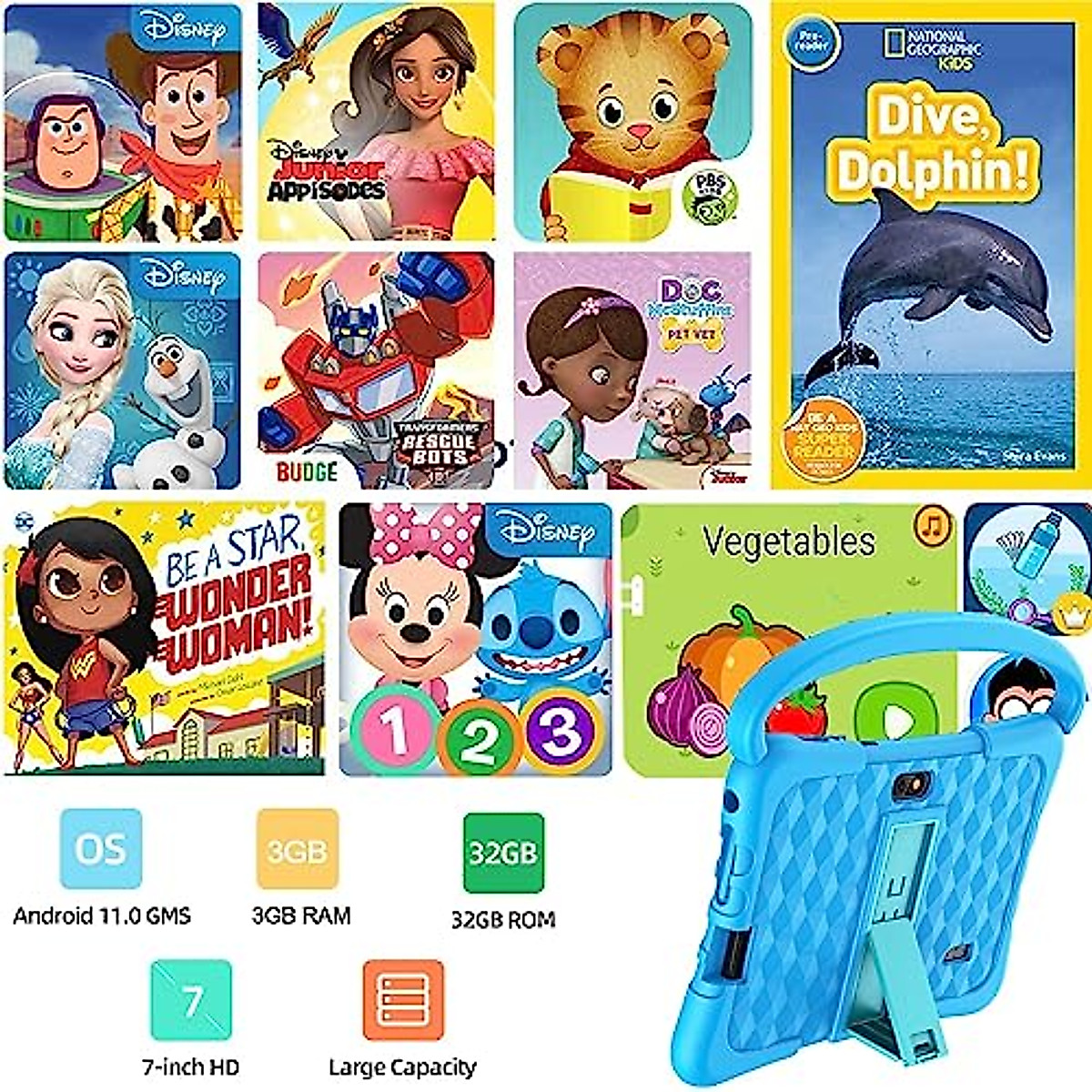 NORTH BISON Kids Tablet, 7 inch Android 11.0 Tablet for Kids, 3GB 32GB Toddler Tablet with Bluetooth, WiFi, GMS, Parental Control, Dual Camera, Shockproof Case, Educational, Games