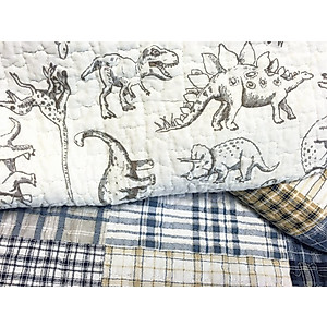 Cozy Line Home Fashions Benjamin Cute Dinosaur Plaid Navy Blue White Grey Bedding Quilt Set 100% Cotton Reversible Coverlet Bedspread Set for Kids Boy(Twin - 2 Piece)