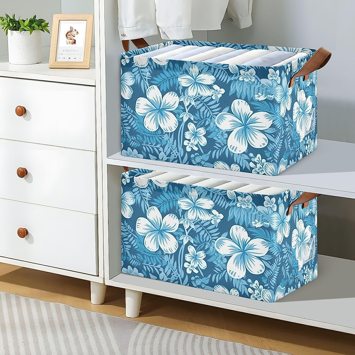 SPRIPORT Hawaii Blue Flowers Foldable Storage Cube for Shelves Fabric Storage Bin with Metal Frame & Double Handles Large Storage Box for Organizing Clothes Blankets Toys Books