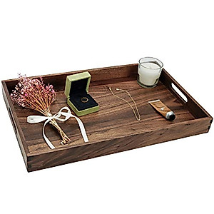MAGIGO 20 x 12.5 Inches Medium Rectangle Black Walnut Wood Ottoman Tray with Handles, Serve Tea, Coffee or Breakfast in Bed, Classic Wooden Decorative Serving Tray
