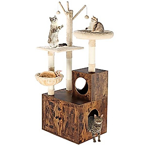 Timberer Litter Box Enclosure with Cat Tree, Wooden Cat House with Cat Tree Tower, Hidden Cat Litter Box Furniture with Scratching Post, Modern Cat Condo, Rustic Brown